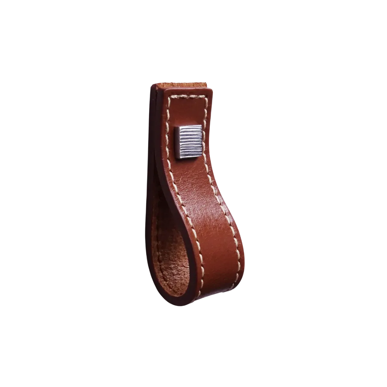 Leather pull tab with stitching